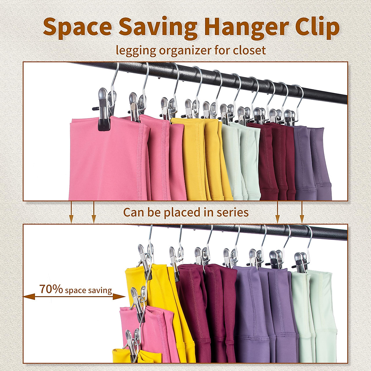 Legging Hangers for Closet Organizer，Shorts Hangers with Clips，Yoga Pants Hanger with Clips Space Saving，Closet Organizers and Storage Hanging，10 Pack Legging Organizer for Closet Hangers Space Saving