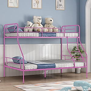 Bunk Bed Twin Over Full, Bunk Beds Twin Over Full with Metal Guardrail and Ladder, Space-Saving, Heavy Duty Queen Bunk Bed for Boys, Girls, Teens, Adult,No Box Spring Needed (Pink)