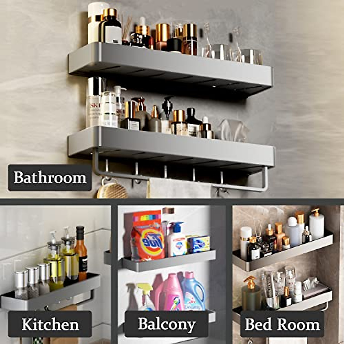 Wallesun Shower Caddy, 2-Pack Adhesive Shower Wall Caddy With Hook, Shower Organizer With Towel Bar, Adhesive Wall Shelf For Bathroom, Shampoo Holder for Shower