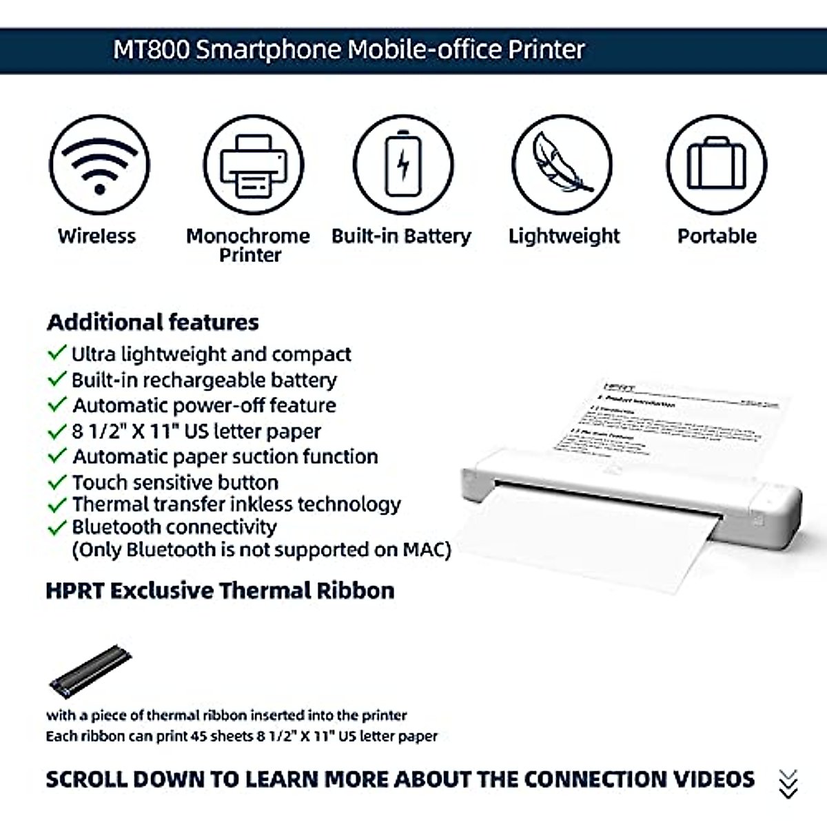 HPRT Wireless Bluetooth Portable Printer for Travel Supports 8.5" X 11" US Letter & A4 Paper, Compatible with Android and iOS Phone No-Ink Technology Suitable for Mobile Office.(MT800Q)