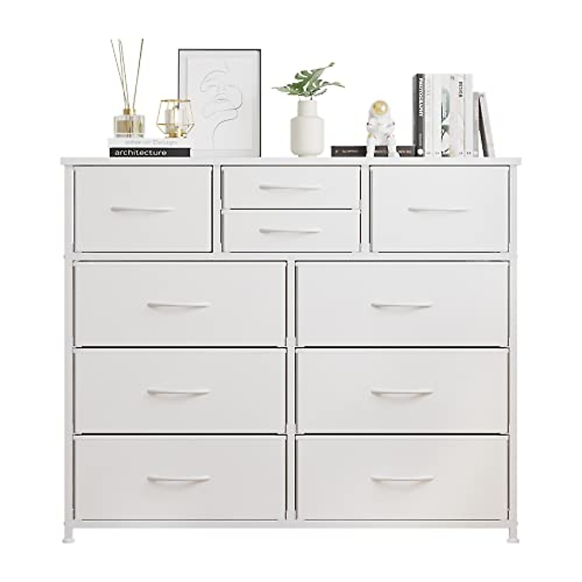 LUMTOK 10-Drawer Dresser, Fabric Storage Dressers Drawers for Bedroom, Hallway, Nursery, Closets, Steel Frame, Wood Top, Easy Pull Handle (White)
