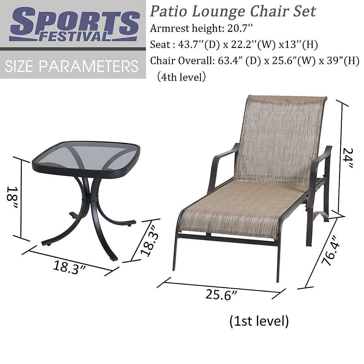 Sports Festival 3 Pcs Chaise Lounge Set of 2 Patio Chairs with Adjustable Backrest in 4 Reclining Levels and 1 Metal Bistro Table with Tempered Glass Top Outdoor Furniture for Poolside