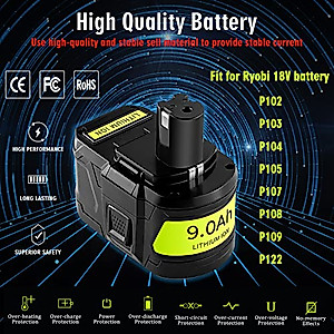 Jialitt 9.0Ah Li-ion P108 Replacement Battery for Ryobi 18V ONE+ P102 P103 P105 P107 P108 P109 Cordless Tool Battery with LED Indicator
