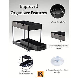 Under Sink Organizer and Storage, Under Sink Storage for Bathroom and Kitchen, Bathroom Cabinet Organizer, Sink Organizers with Hooks, 2 Tier Under Sink Organizer with Sliding Storage Drawer