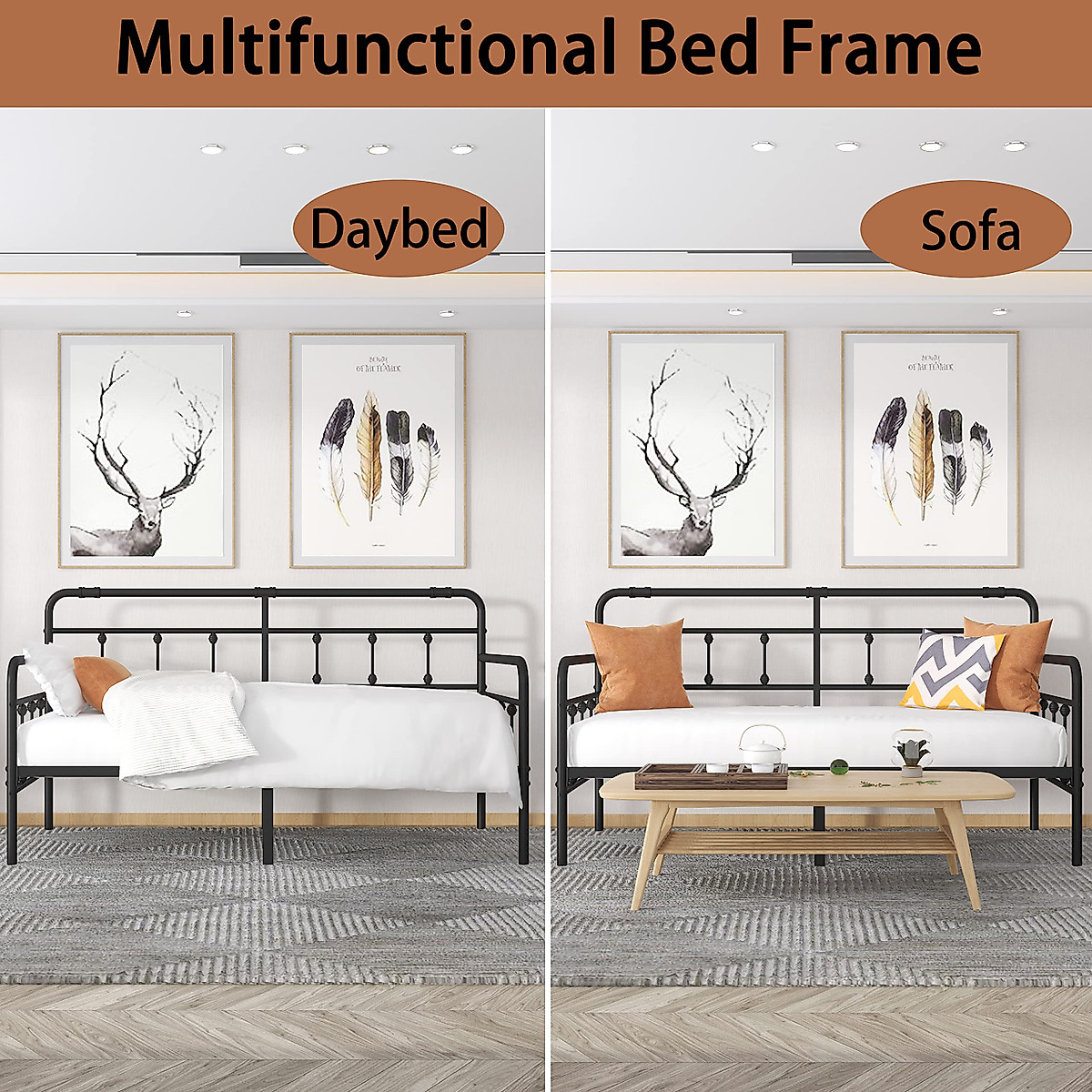 Yoshiely-Daybed-Twin-Platform-Bed-Frame with-Headboard - Classic Metal Steel Slat Support,No Box Spring Needed,Sofa Bed with Storage(Black)