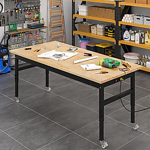 60" Adjustable Work Bench, Rubber Wood Top Workbench Heavy-Duty Work Table with Power Outlet with Wheels, 2000 LBS Load Capacity Hardwood Work Benches for Garage, Workshop, Home, Office, Easy Assembly