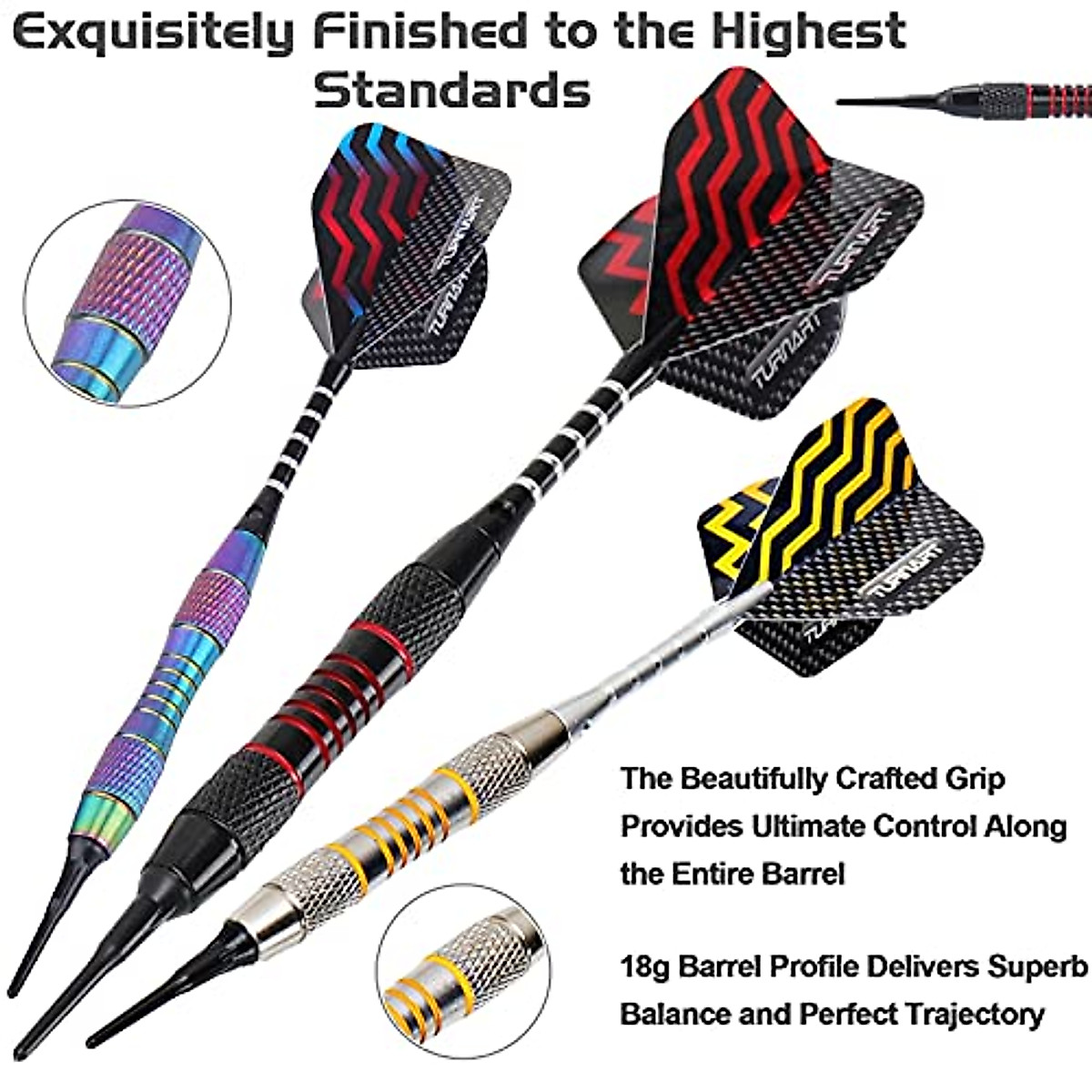 Turnart Darts Plastic Tip - Professional Soft Tip Darts Set for Electronic Dartboard 9 Pcs 18 Grams with 50 Extra Tips 9 Shafts 27 Flights Tool Kit Flight Protectors and Gift Darts Case (Color)