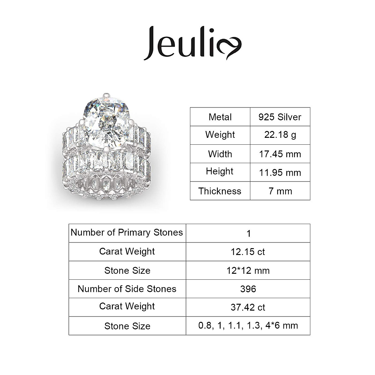 Jeulia Cushion Cut Three Sided Pave Sterling Silver Eternity Ring Cubic Zirconia Art Deco Halo Wedding Engagement Anniversary Rings Set (silver, 7)