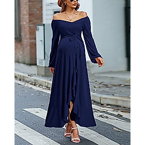 OUGES Womens Wrap Maxi Nursing Maternity Dresses for Photoshoot Baby Shower(Navy,L)
