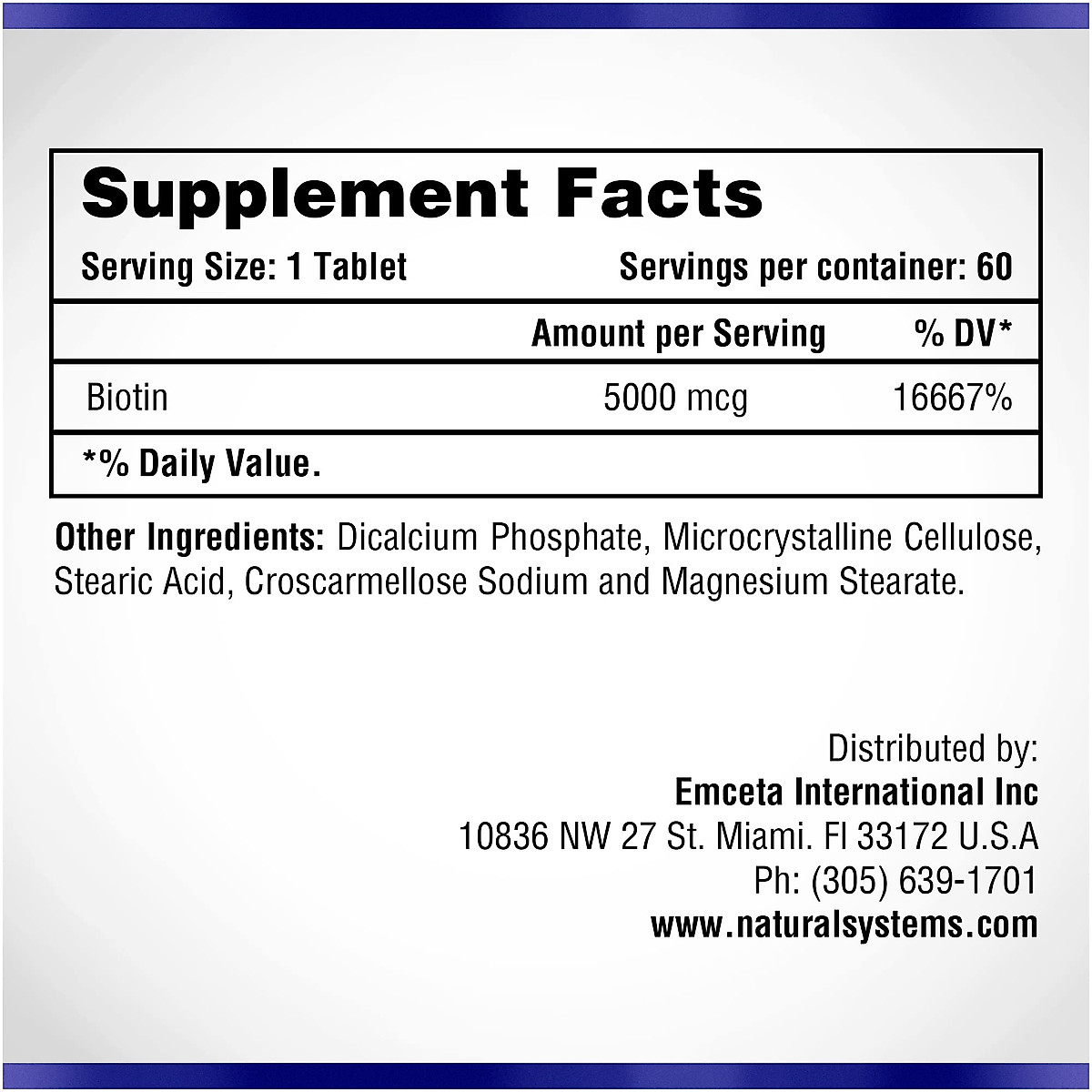 Biotin 60 Tablets 5000 mcg by Natural Systems | Biotin Hair Growth Support Pills | Hair Skin Nails Vitamins for Men and Women | Biotin Supplement Improves Cell Growth