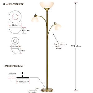 Brightech Sky Dome Double LED Floor lamp, Torchiere Super Bright Floor Lamp with 2 Reading Lamps for Living Rooms & Offices - Dimmable Tall Standing Lamp for Bedroom Reading - Tall Brass Pole