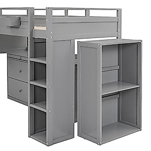 DRELOFT Loft Bed, Twin Size Wooden Loftbed with Rolling Cabinet and Desk for Kids and Teens Boys Girls, Versatility Loft Bed Frame for Home, No Box Spring Needed, Gray