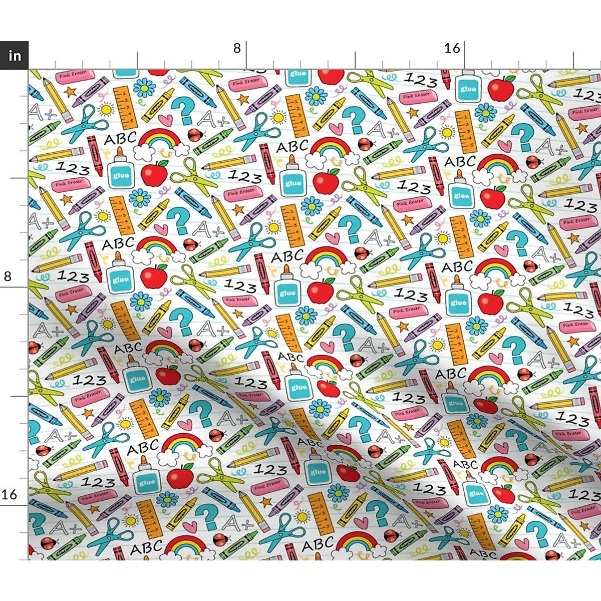 Spoonflower Fabric - Small School Supplies White Teacher Pencil Rainbow Student ABCs Printed on Petal Signature Cotton Fabric by The Yard - Sewing Quilting Apparel Crafts Decor