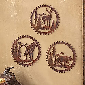 WAIU Metal Cabin Wall Art Decor Deer Bear Wolf in the Forest Pine Tree, 9 Inch Set of 3 Rustic Bronze Concise Saw Blade Decoration Hanging for Living Room Bedroom Bathroom Indoor Outdoor, Lodge