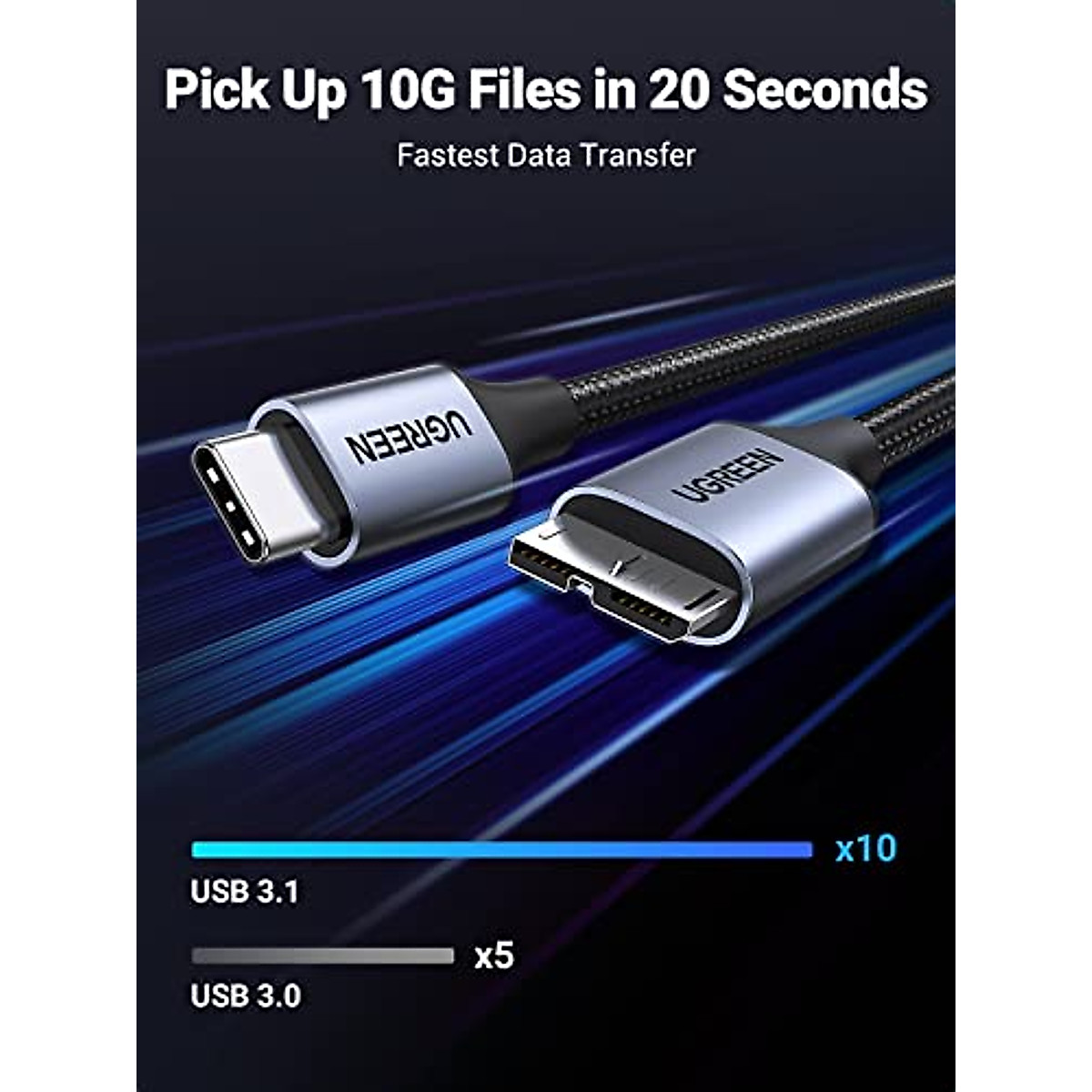 UGREEN Micro B to USB C Hard Drive Cables 10 Gbps, 3.3 FT USB C to Micro B, USB C to External Hard Drive Cable Compatible with MacBook Air M2 Pro, iPad, Galaxy S22, WD Toshiba Westgate Seagate, etc