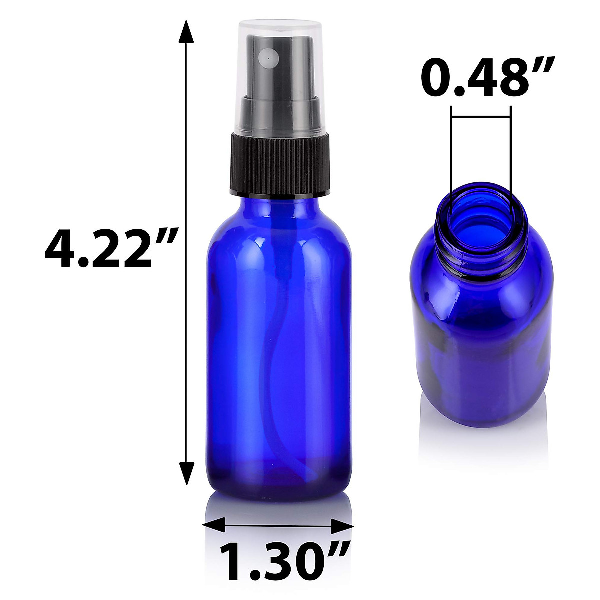 JUVITUS 1 oz Cobalt Blue Glass Boston Round Bottle with Black Fine Mist Spray (12 Pack) + Funnel