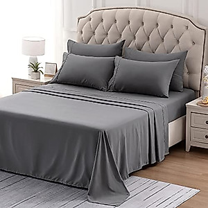 SLEEP ZONE Super Soft Cooling Queen Bed Sheets Set 4 Piece - Easy Care Fitted Flat Sheet & Pillowcase Sets - Wrinkle Free, Fade Resistant, Deep Pocket 16" (Gray, Queen)