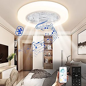 TCFUNDY Ceiling Fan with Light and Bluetooth Speaker, 22" Enclosed Low Profile Ceiling Fans Lights, Dimmable LED Lighting, 6 Wind Speeds Reversible Blades, App & Remote Control, Semi Flush Mount Fan