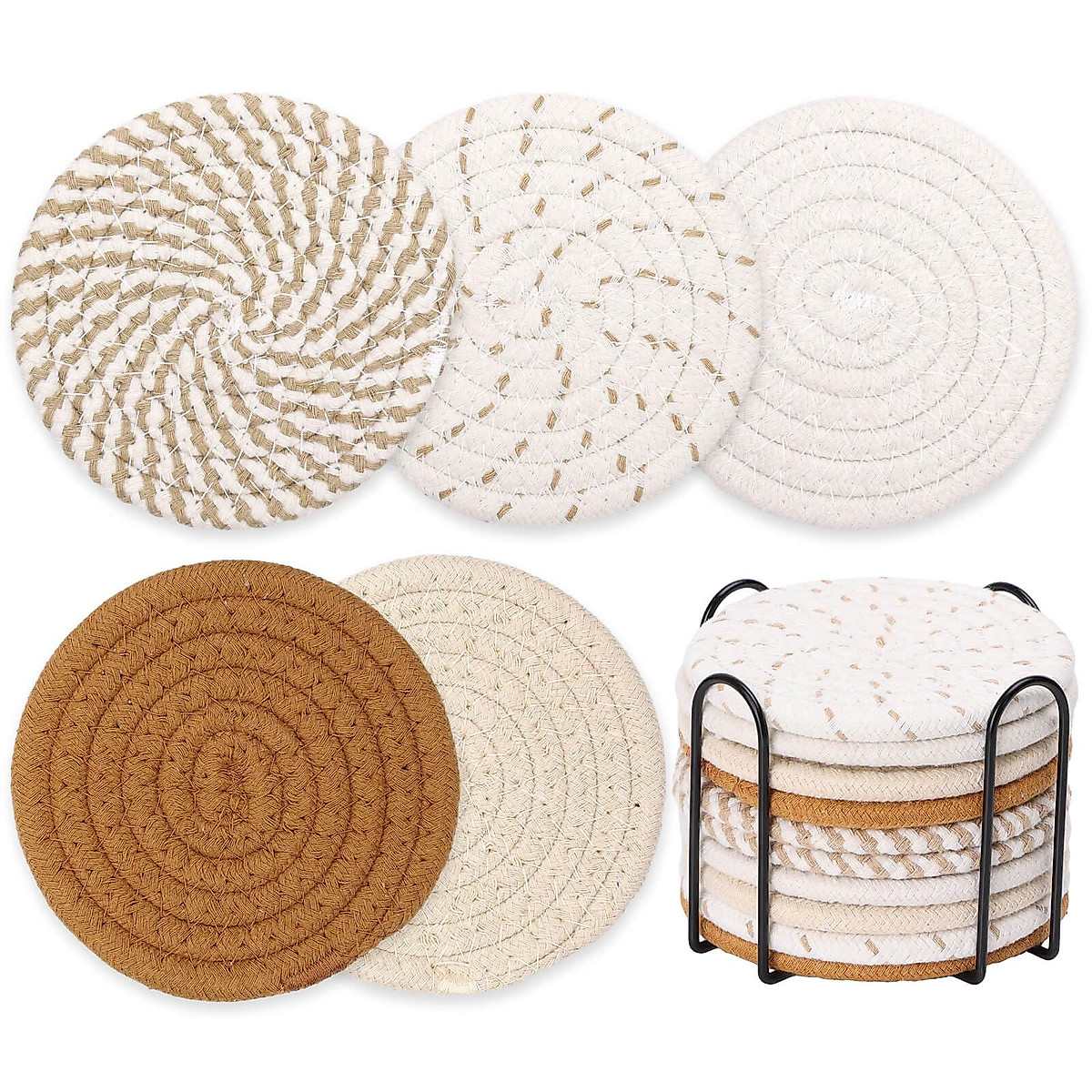 Billbotk 10 Pieces Boho Coasters for Drinks, Absorbent Drink Coasters with Holder, Cute Coaster Set for Boho Home Decor, Apartment Decor Aesthetic, Living Room Essentials, 4.3 Inches