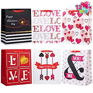 JOYIN 12 Pcs Valentines Day Paper Gift Bags with Handle 13x10.5 inch, Elegant Coated Art Paper Wrapping Bags Cardboard Bags for Valentine’s Day Party Favors Funny Gift Exchange Novelty Gift Giving Gift Wrapping