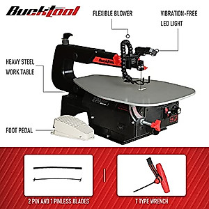BUCKTOOL Quick Blade Change 16-inch Variable Speed Scroll Saw with Pedal Switch for woodworking Steel Work Table,SSA16LVF