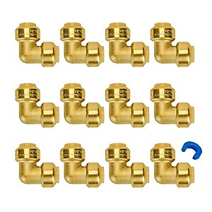 SUNGATOR 1/2" Elbow, Pushfit 90 Degree Elbow, No Lead Brass Plumbing Fitting 1/2" 90 Elbow, Push to Connect PEX, Copper, CPVC, with 1 Disconnect Clip, Pack of 12