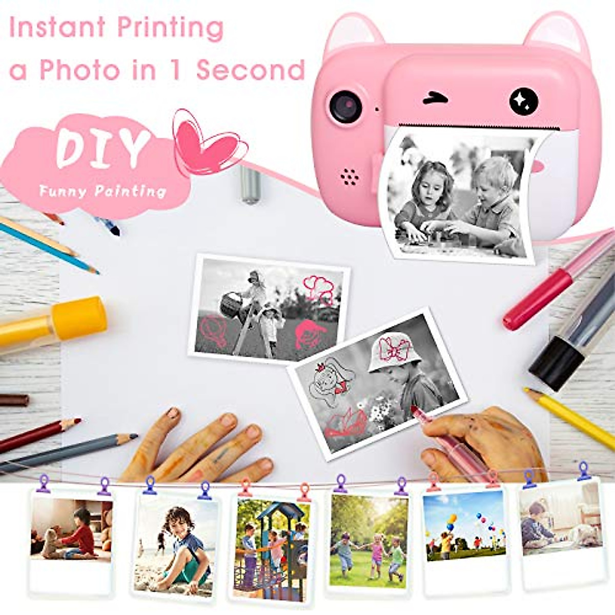 Instant Print Camera for Kids, Upgrade Selfie Kids Camera, Digital Zero Ink Video Camera with 3 Rolls Print Paper Camera, 1000 mAh, Dual Lens,1080P HD Video Recorder for Girls and Boys Gifts (Pink)