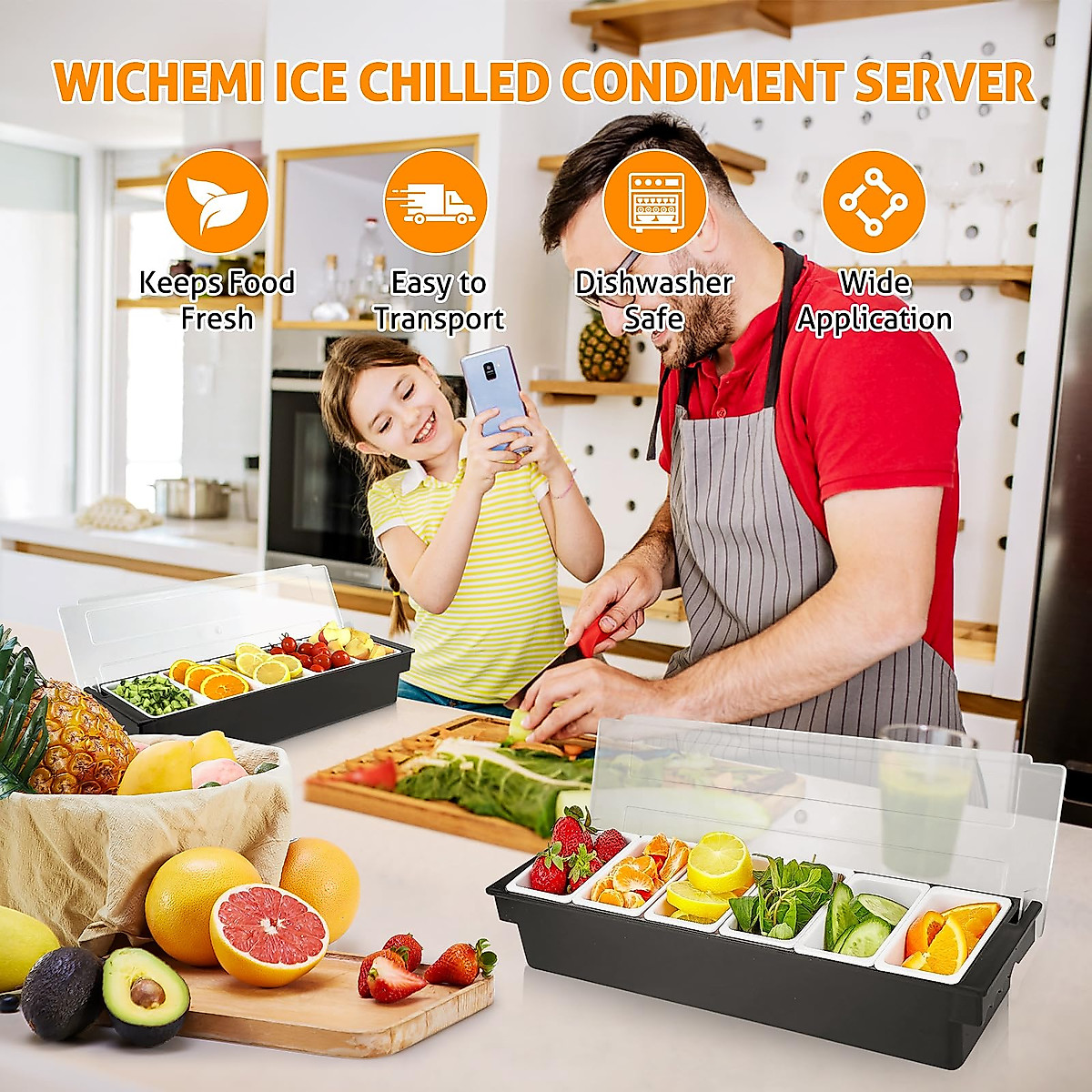 WICHEMI Fruit, Veggie & Condiment Caddy with Lid Dispenser Tray Plastic Garnish Station for Bartending & Serving Taco, Ice Cream, Salad Bar - Topping Organizer for Restaurant Supplies (6 Compartment)