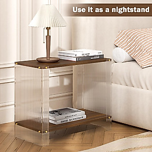 HaiQiwawo Walnut Narrow End Table, Modern Acrylic Sofa Side Table, Small Accent Table, 2-Tier Nightstand Bedside Table for Small Space Bedroom Hallway (Walnut Rectangle Shape)