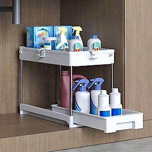 RIAAJ Kitchen Sink Shelf Pull Out Under Sink Organiser and Storage 2-Tier Sliding Cabinet Basket Organizer Drawers Bathroom Cabinet Organiser with Hooks for Desktop Kitchen Sink Organizer, White