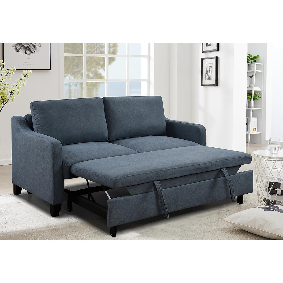 ZIGHTH 69'' Convertible Queen Size Sleeper Sofa Bed, Modern Linen Loveseat Sofa Couch with Pull Out Bed and Adjustable Backrest for Living Room. Blue