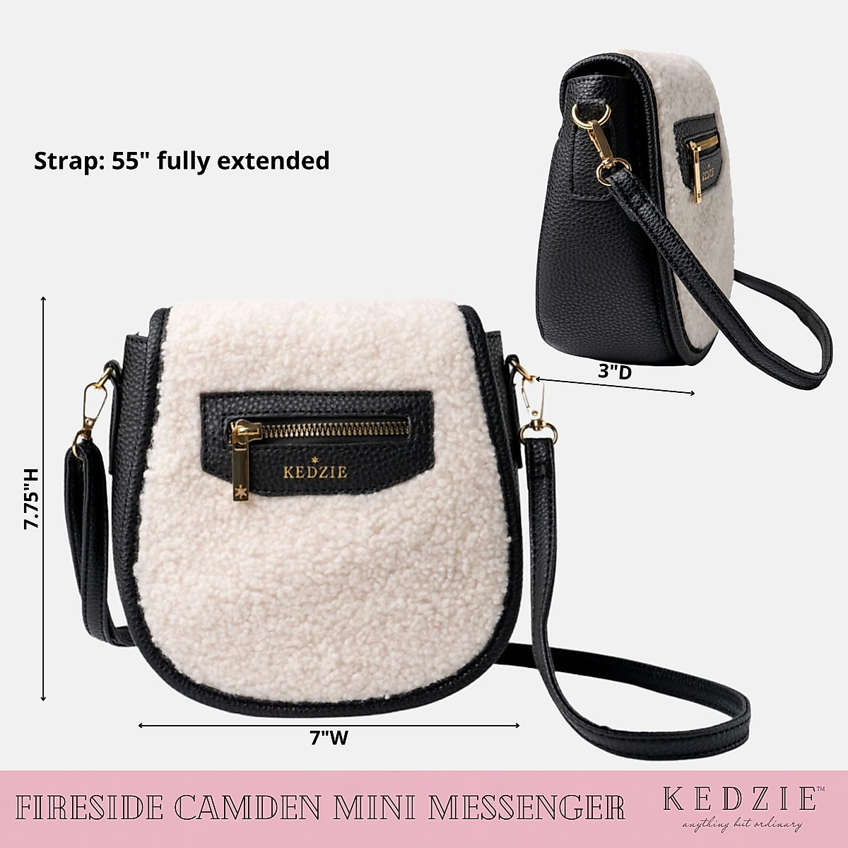 KEDZIE Crossbody Bag for Women Fireside Camden Mini Messenger in Vegan Leather Faux Shearling Handbag Shoulder Bag with Adjustable Strap - Ivory