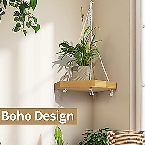 Petrala Hanging Corner Shelf, Boho Rustic Farmhouse Macrame Pine Wood Wall Hanging Decor Plant Display Storage Rack Bookshelf Corner Wall Shelf for Living Room Bedroom Bathroom Office