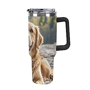 LLUTSNTH 40 Oz Vacuum Tumbler with Black Handle Leakproof Insulated Tumbler Golden Retriever Dog Stainless Steel Travel Mug with Lid And Straw Coffee Cup Cute Water Bottles Cup Holder Friendly