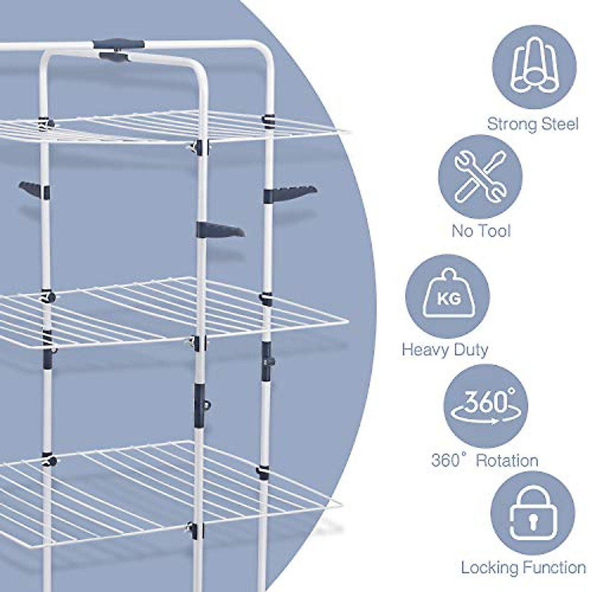 TOOLF Clothes Drying Rack, 3-Tier Collapsible Laundry Rack Stand Garment Drying Station with Wheels and 4 Hooks, Indoor-Outdoor Use, for for Bed Linen, Clothing, Socks, Scarves
