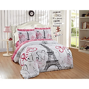 Home Collection Queen Size Comforter And Sheet Set Paris Eiffel Tower Hearts Flowers for Girls/Teens White Pink Black Pink/ White New
