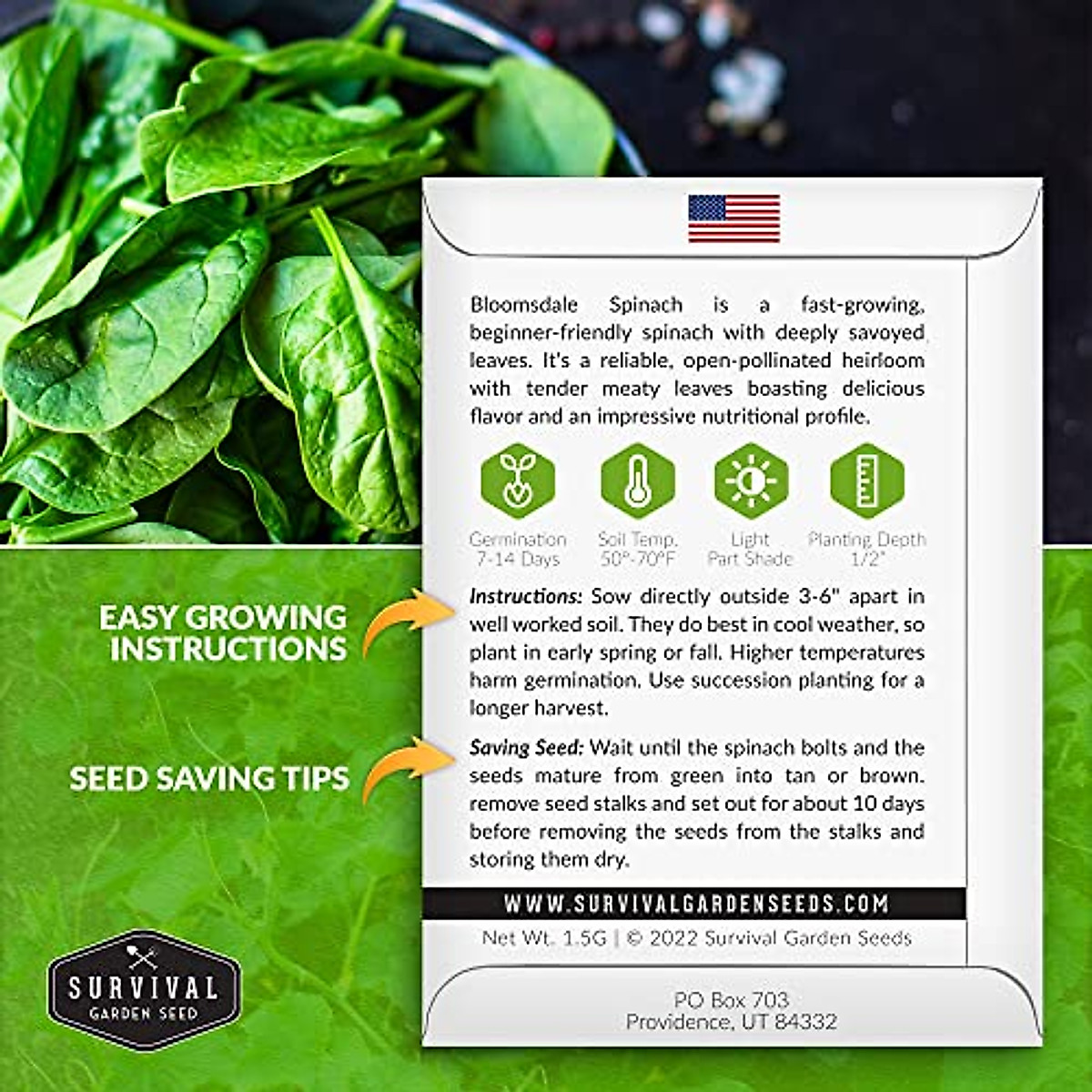 Survival Garden Seeds - Bloomsdale Spinach Seed for Planting - Packet with Instructions to Plant and Grow Delicious Spinach Greens in Your Home Vegetable Garden - Non-GMO Heirloom Variety
