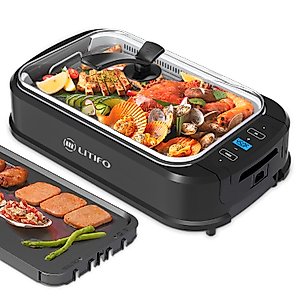 Smokeless Indoor Grill and Griddle Plates, LITIFO 1500W Electric Korean BBQ Griddle with Tempered Glass Lid, Turbo Smoke Extractor, Temperature Control and Removable Drip Tray, Black (black-2plate)