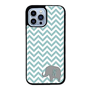 Teal and White Elephant Personalized Initial Apple iPhone Black Rubber Phone Case Compatible with iPhone 14 Pro Max, Pro, Max, iPhone 13 Pro Max Mini, 12 Pro Max Mini, 11 Pro Max X XS Max XR 8 7 Plus