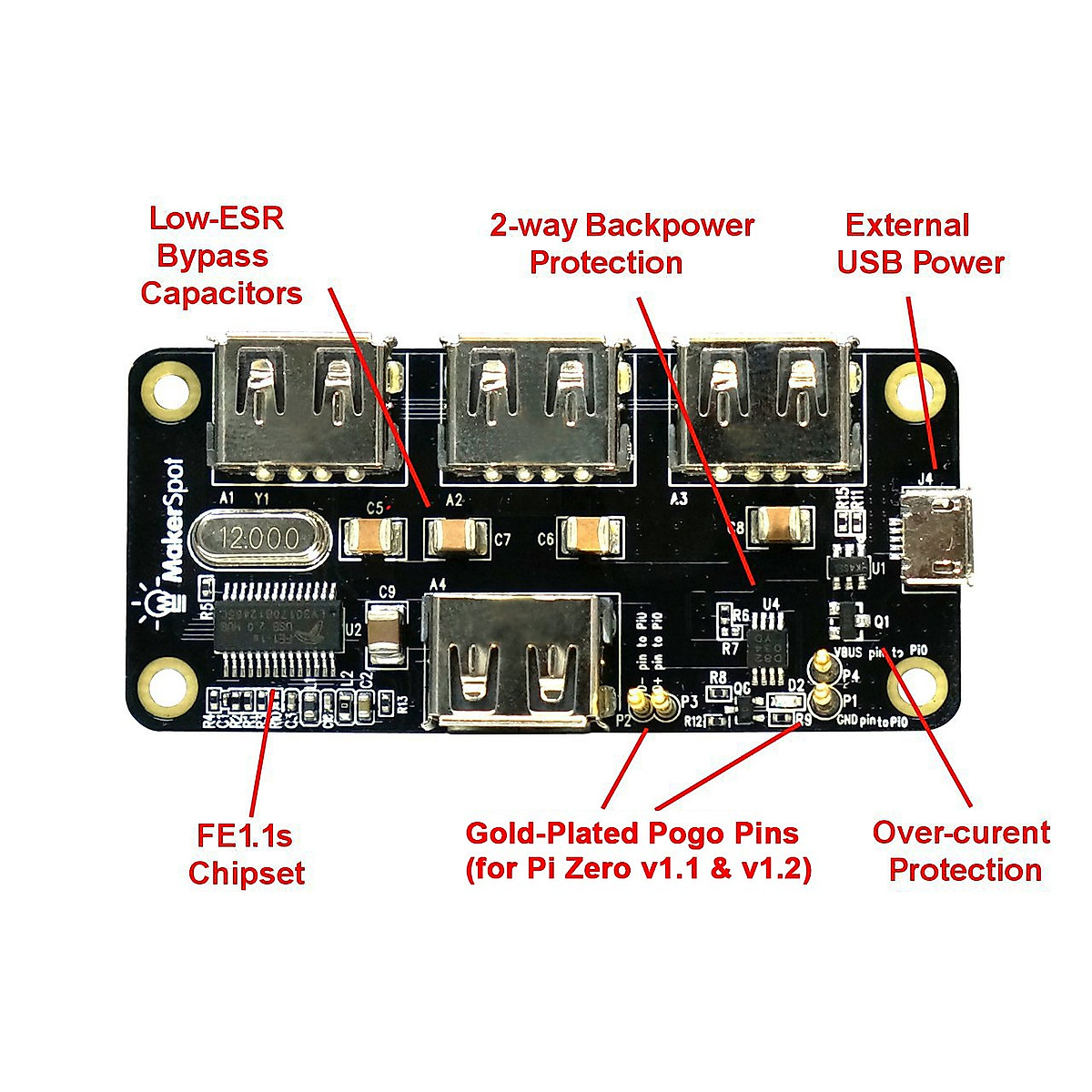 MakerSpot 4-Port Stackable USB Hub HAT for Raspberry Pi Zero V1.3 (with Camera Connector) and Pi Zero W /2W (with Bluetooth & WiFi)