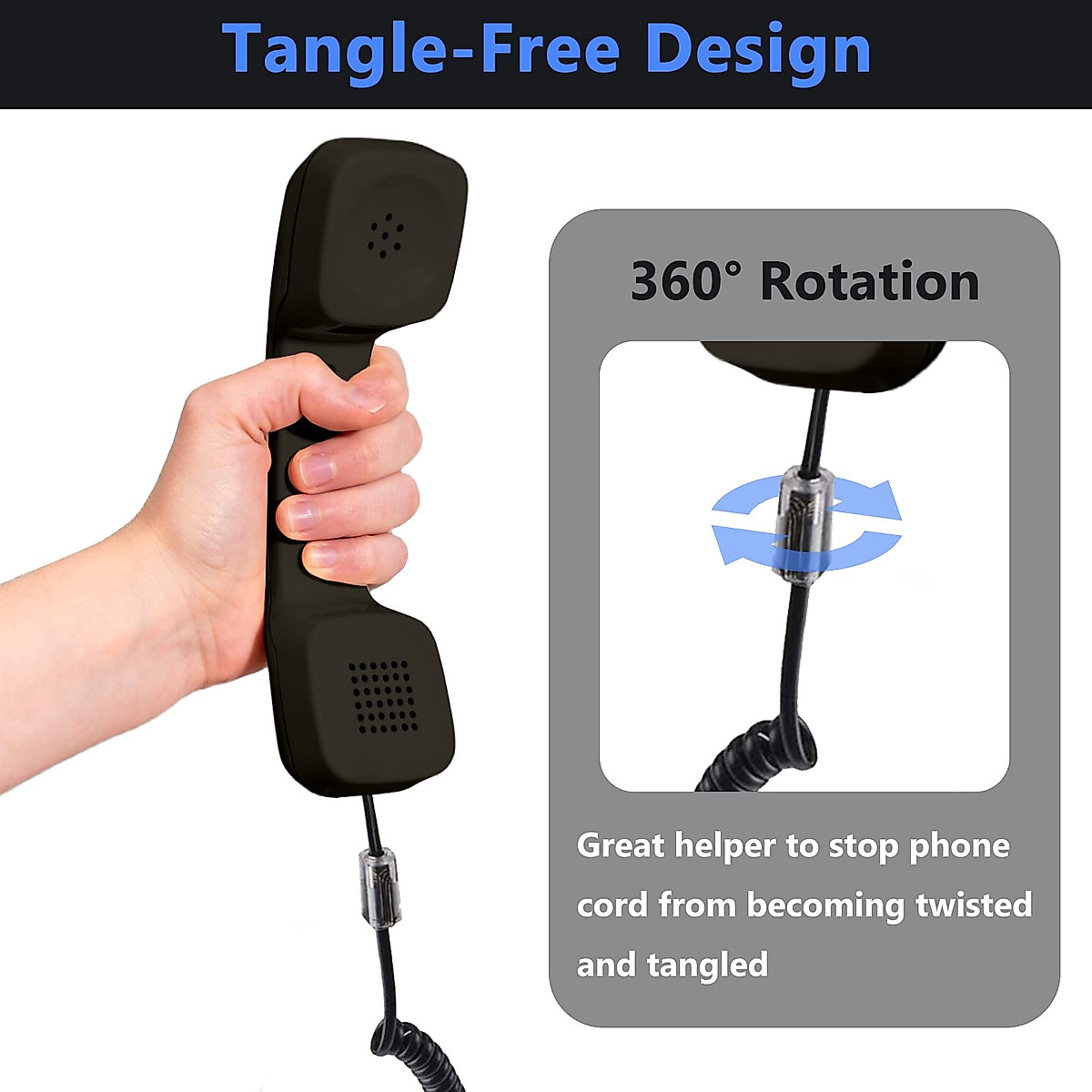 KINXIYU Telephone Handset Cord Detangler 1 Set, 1 Pack Landline Handset Cord Cable (7.5Ft Uncoiled, 1.5 Ft Coiled) and 1 Pack Anti-Tangle Telephone Cord Untangler 360 Degree Rotating Swivel Cord