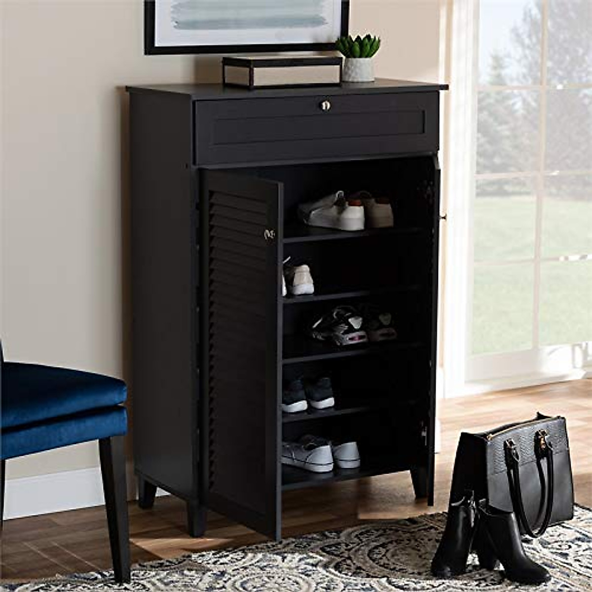 Baxton Studio Coolidge Wood 5-Shelf and Drawer Shoe Cabinet in Dark Gray