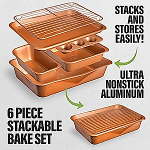 6 Piece Non-Stick Bakeware Set Includes Baking Pans, Cookie Sheet, Loaf Pan, Muffin Tin and more with Premier Ti-Cerama Copper Coating 100% PFOA Free,Graphite