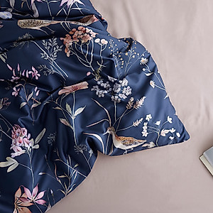 SINDALU Blue Duvet Cover Queen Size, 3pc Soft Lightweight Microfiber Duvet Cover Set with Zipper, Floral and Birds Comforter Cover with Corner Ties and 2 Pillow Shams