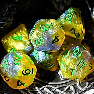 Cusdie 7-Die Resin DND Dice, Polyhedral Dice Set, for Role Playing Game Dungeons and Dragons D&D Dice MTG Pathfinder (Yellow/Blue Green Numbers)