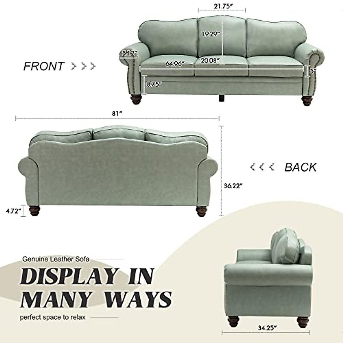 HULALA HOME 81'' Upholstered Leather Sofa with Nailhead Trim and Rolled Armrests, Mid-Century Modern Living Room 3-Seater Couch, Sage Couch with Removable Cushion for Bedroom Apartment