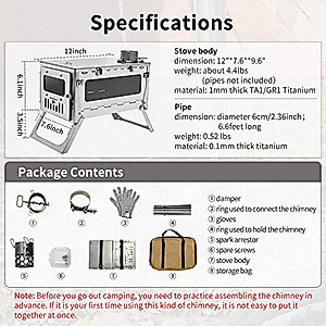 MC TOMOUNT Titanium Folding Tent Stove Wood Burning Stove Ultralight 1mm Thick Plate for Backpacking Camping Hunting Pipe Included