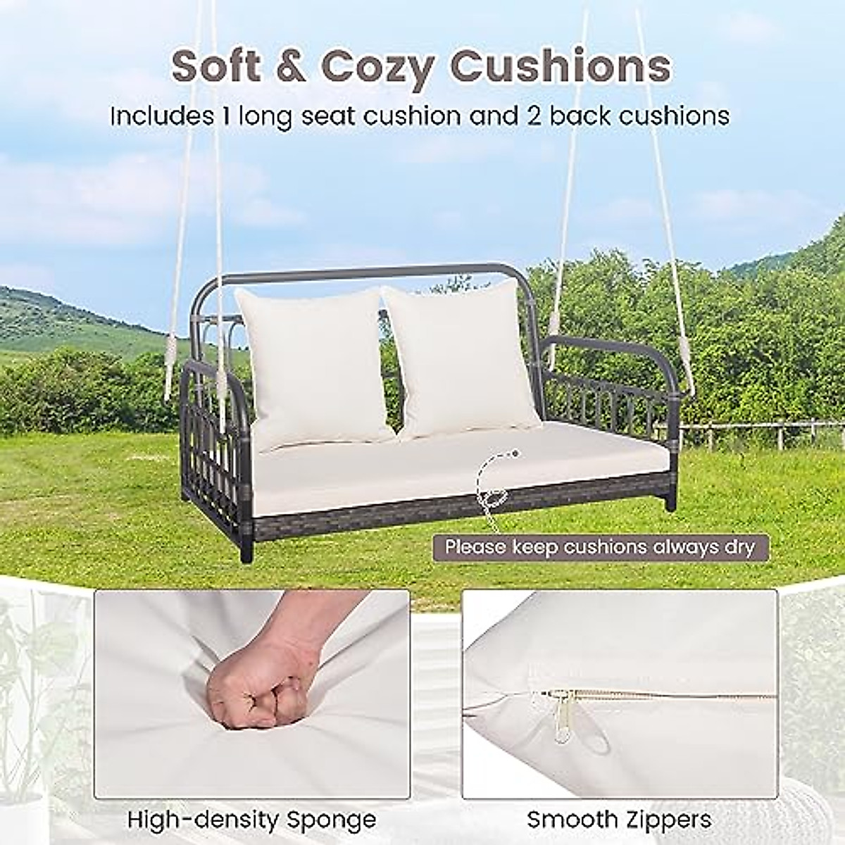 Tangkula Outdoor Wicker Porch Swing, 2-Person Hanging Seat with Seat & Back Cushions, Heavy-Duty Metal Frame & 2 Sturdy Hanging Ropes, Wicker Woven Swing Loveseat for Front Porch