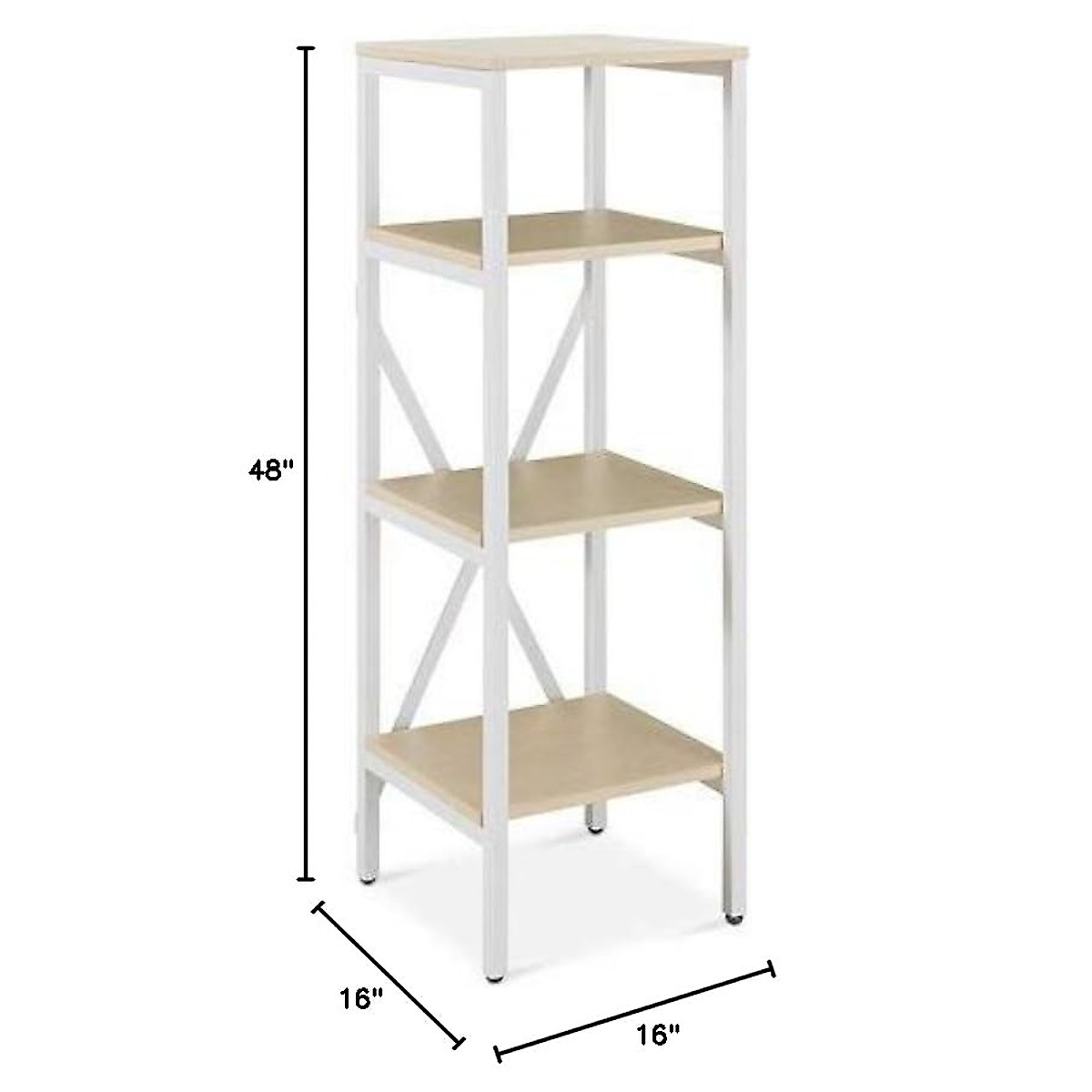 Brite Four Shelf Bookcase 48" H x 16" W x 16" D in Light Maple Laminate and White Metal Frame for Minimalist Bookshelf and Residential Furniture