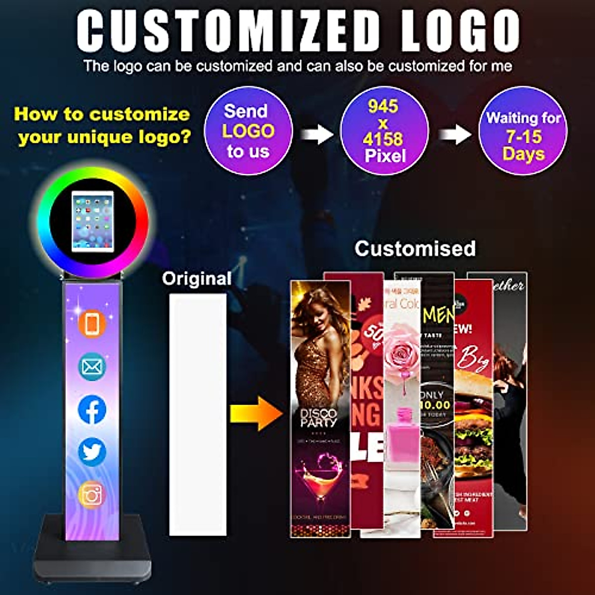 RDYMONKEY Portable Photo Booth for 12.9" Ipad, Metal Shell Stand Selfie Machine with Advertise Light Box, Adjustable RGB LED Ring Light,for Parties, Wedding, Exhibition, Rental Business